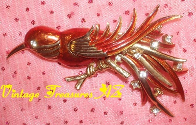 Boucher Bird Brooch/Pin Enameled Orange-Red + Clear Rhinestones ...
